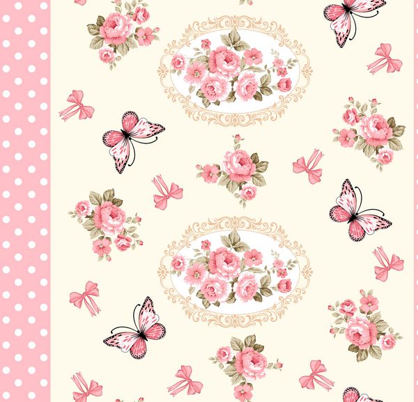 الگوی پارچه ای یکپارچه با پروانه روبان گل رز صورتی و گل های وحشی در ...