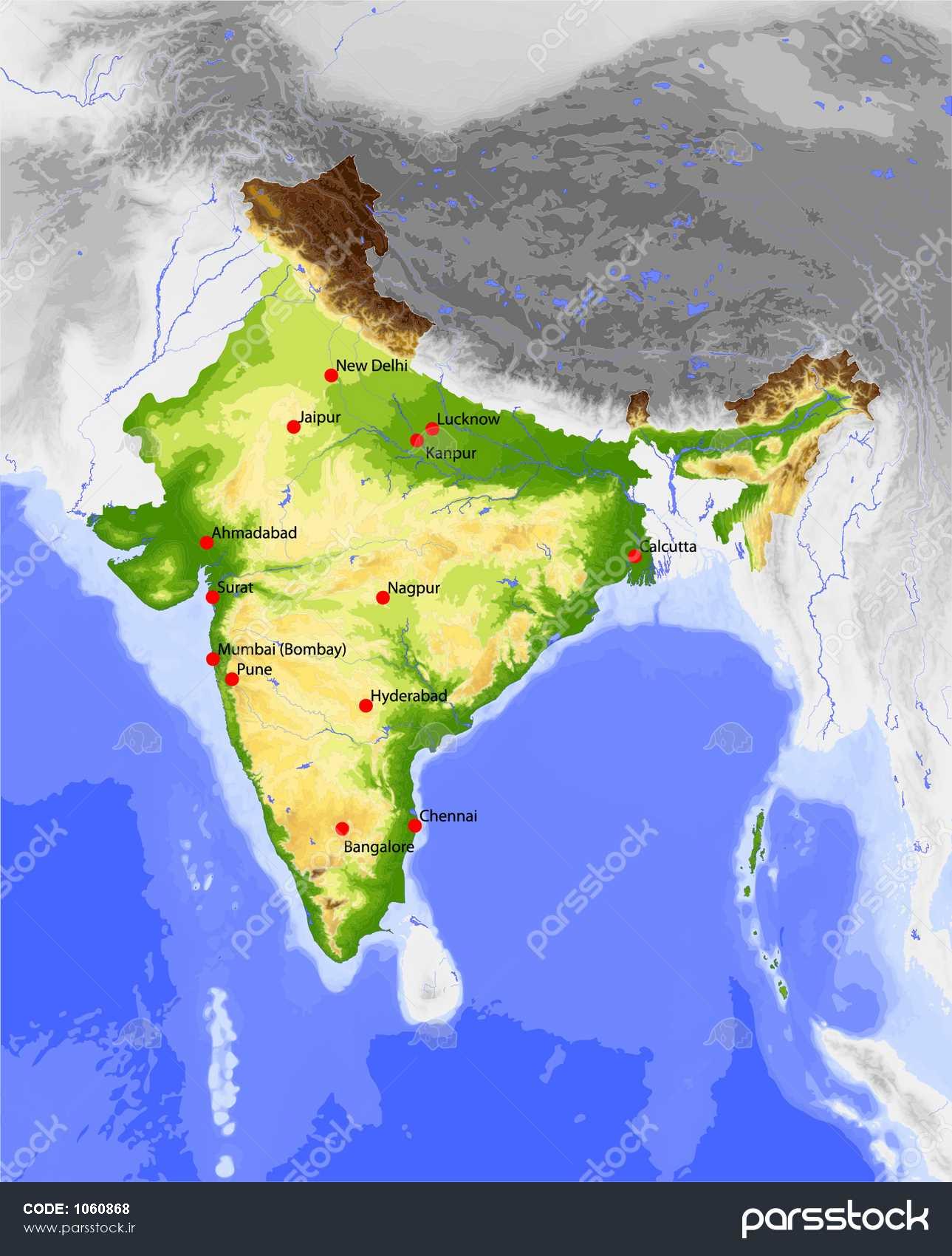 هند نقشه وکتور فیزیکی رنگی بر اساس ارتفاع با رودخانه ها اعماق اقیانوس ...