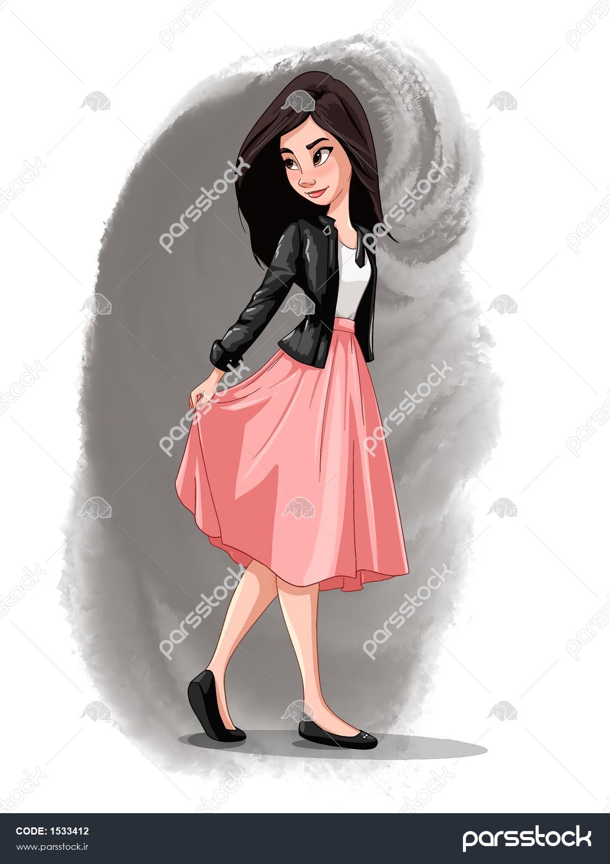 نقاشی دیجیتال دختر خجالتی دامن صورتی قدم زدن 1533412