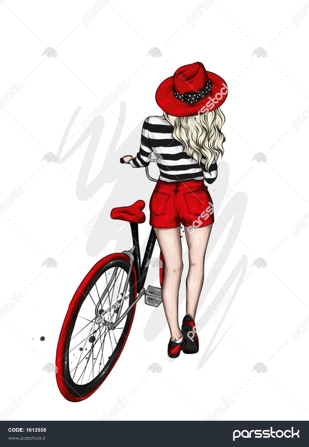 دختری با کلاه و شورت شیک و دوچرخه 1612558