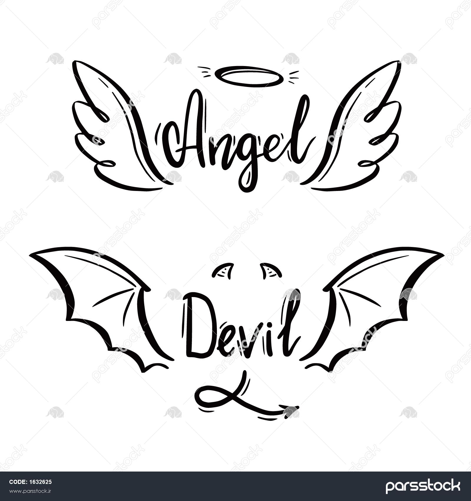 تصویر وکتور تلطیف شده فرشته و شیطان فرشته با بال هاله شیطان با بال و دم ...