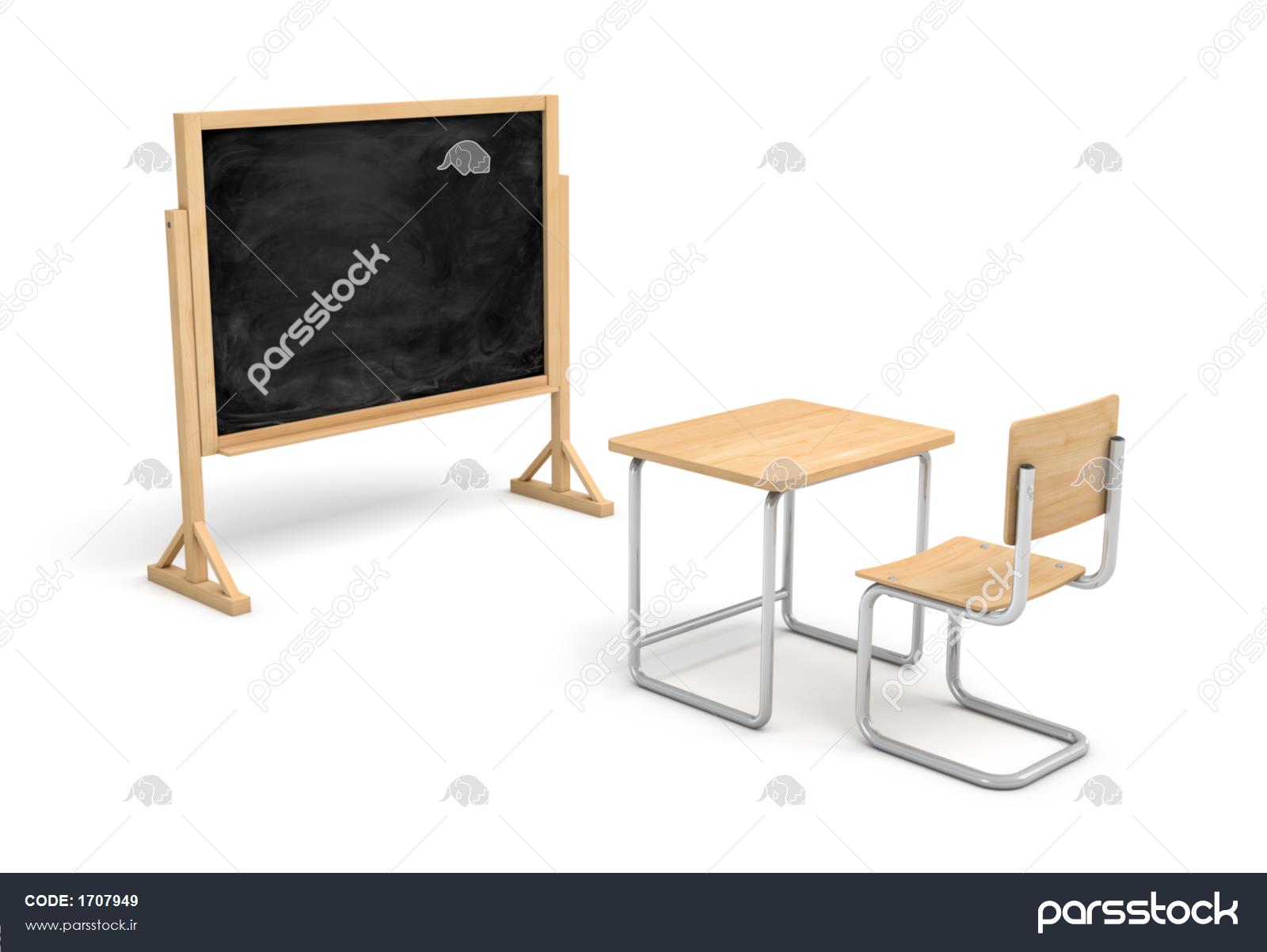 رندر سه بعدی از یک میز مدرسه چوبی جدید و یک صندلی در مقابل یک تخته سیاه ...