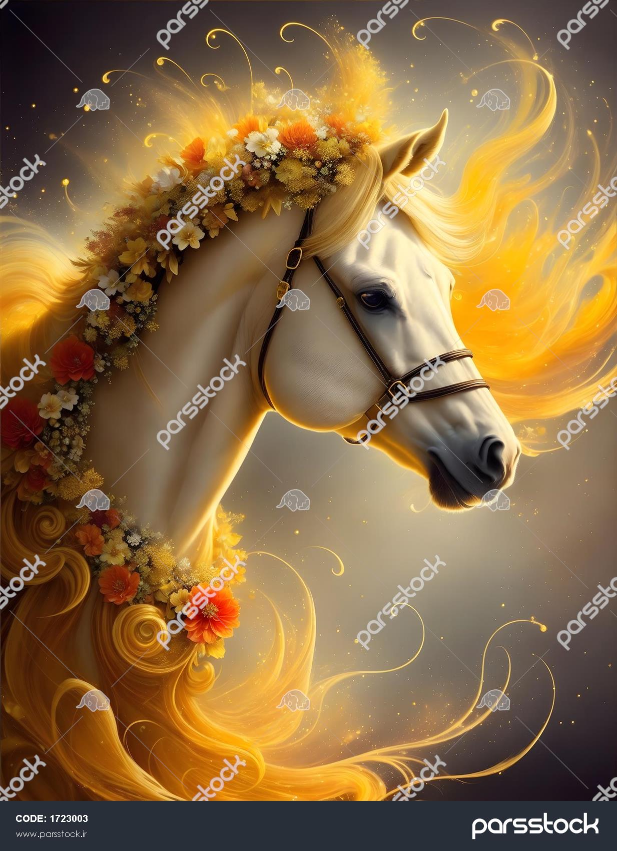 طرح نقاشی دیجیتال اسب طلایی و گل 1723003