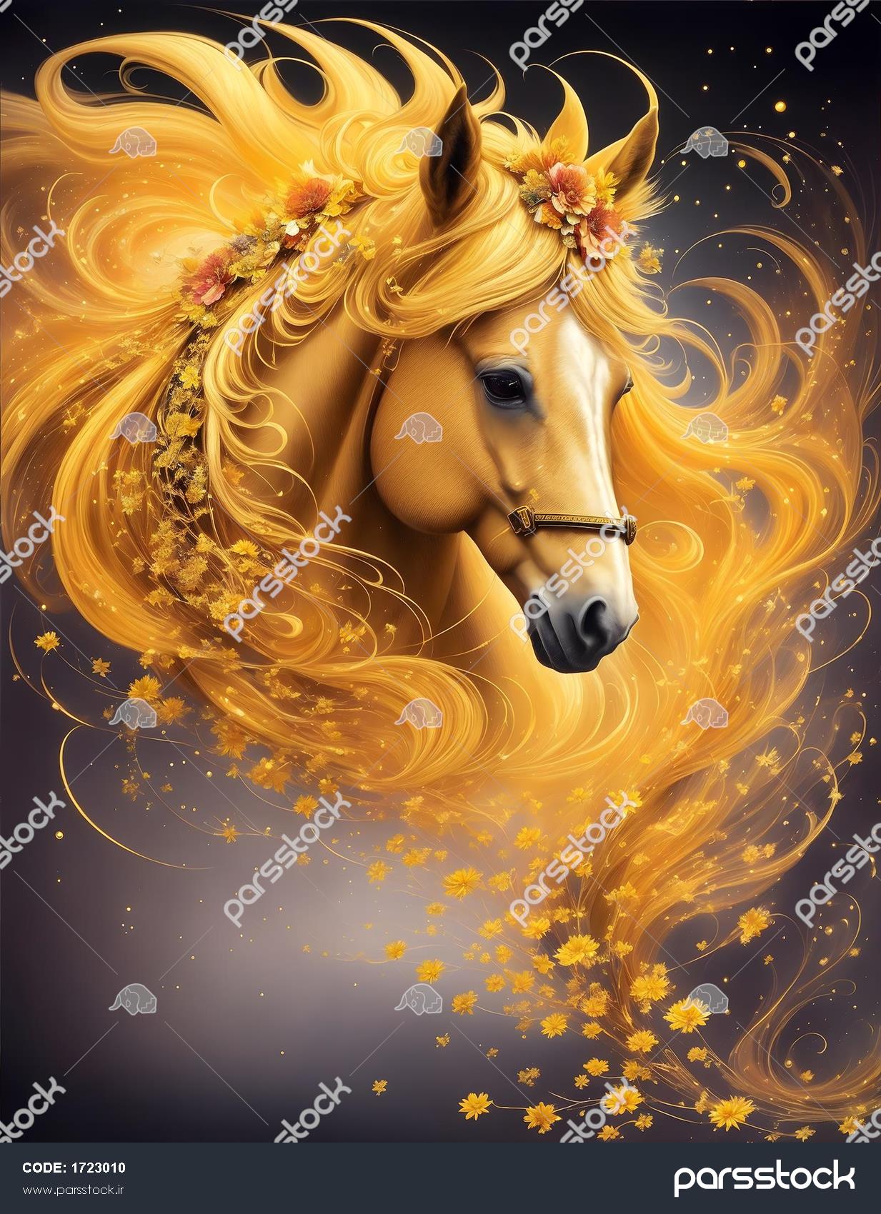 تصویرسازی دیجیتالی اسب طلایی در میان گل‌های زیبا 1723010