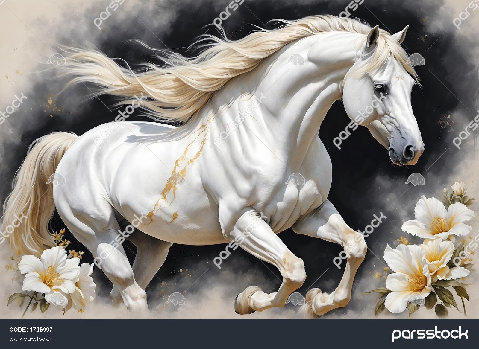 اسب سفید در حال حرکت با تزئینات گل‌های طلایی، هنر دیواری 1735997